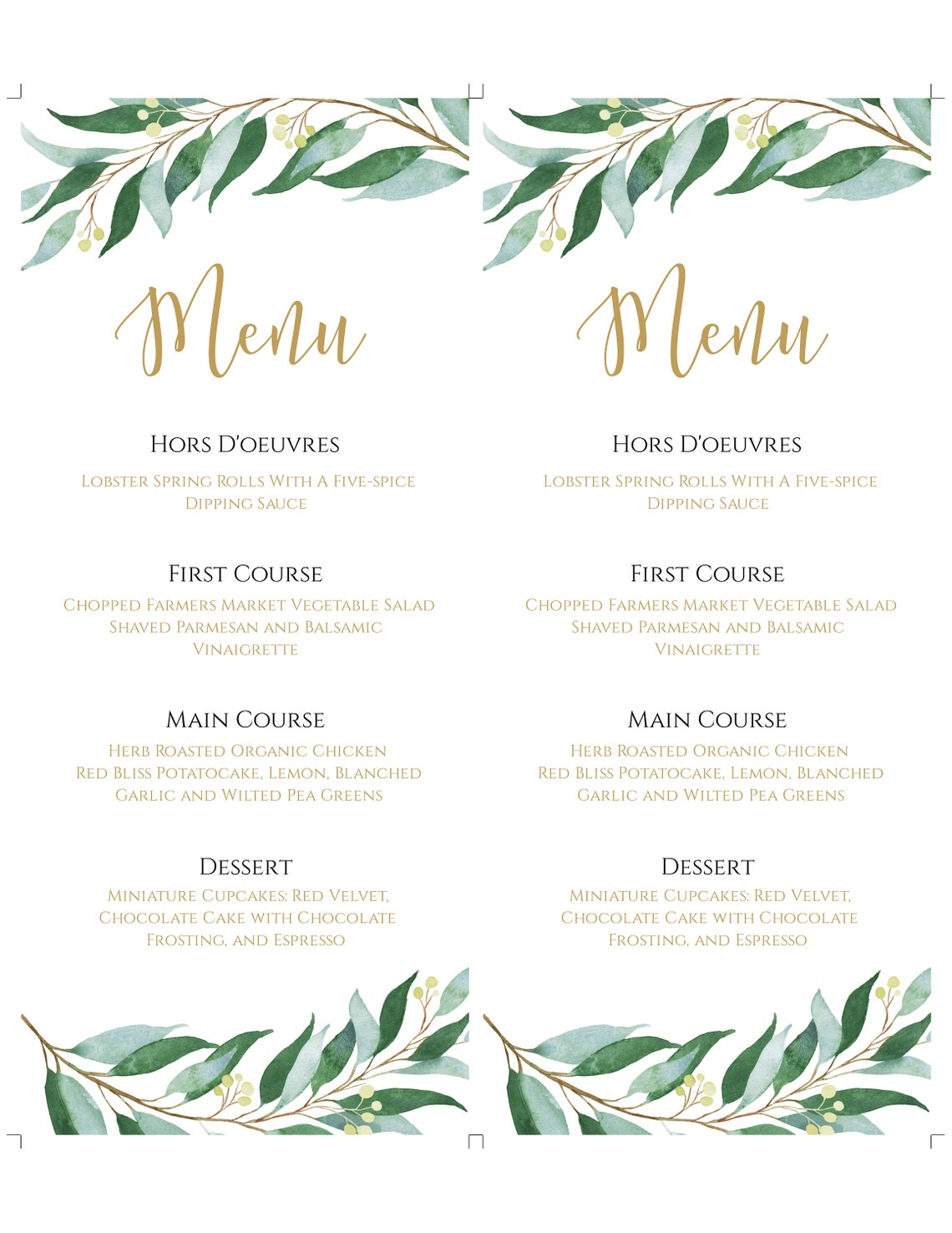 Greenery Wedding Menu Template Printable Green and Gold Menu | Etsy