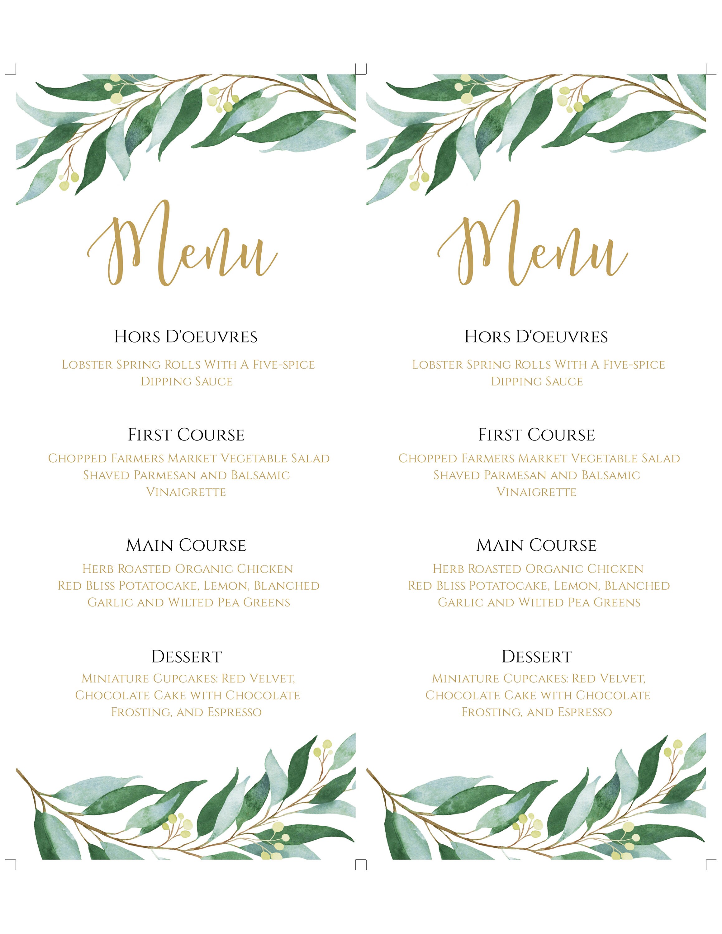 Greenery Wedding Menu Template Printable Green and Gold Menu - Etsy