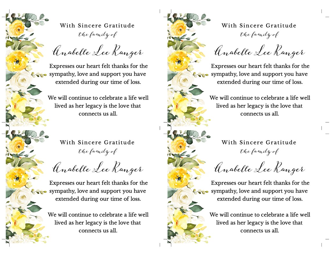 Yellow Floral Funeral Thank You Card Template Memorial Card - Etsy