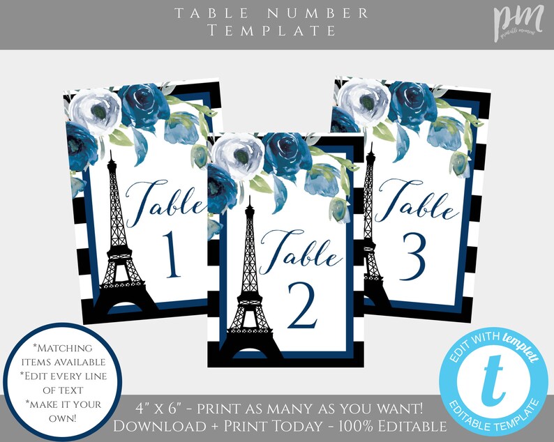 PARIS Table Numbers Template, Eiffel Tower Table Number, Blue Floral ...