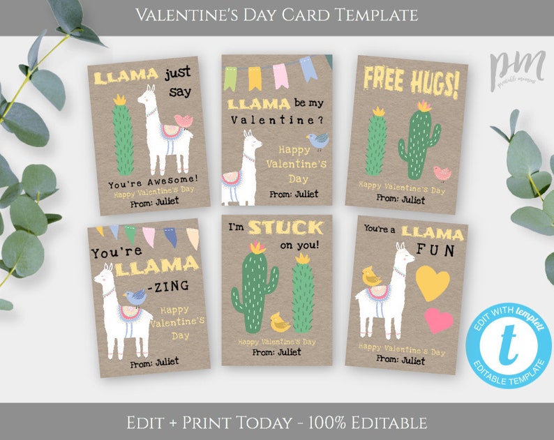 Llama Valentines Day Card Template Llama Valentines Cards for - Etsy