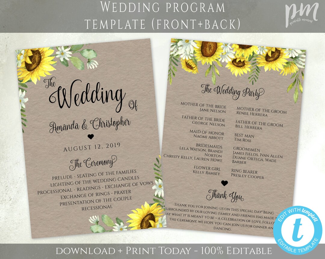 Sunflower Program Template for Wedding, Rustic Wedding Program ...