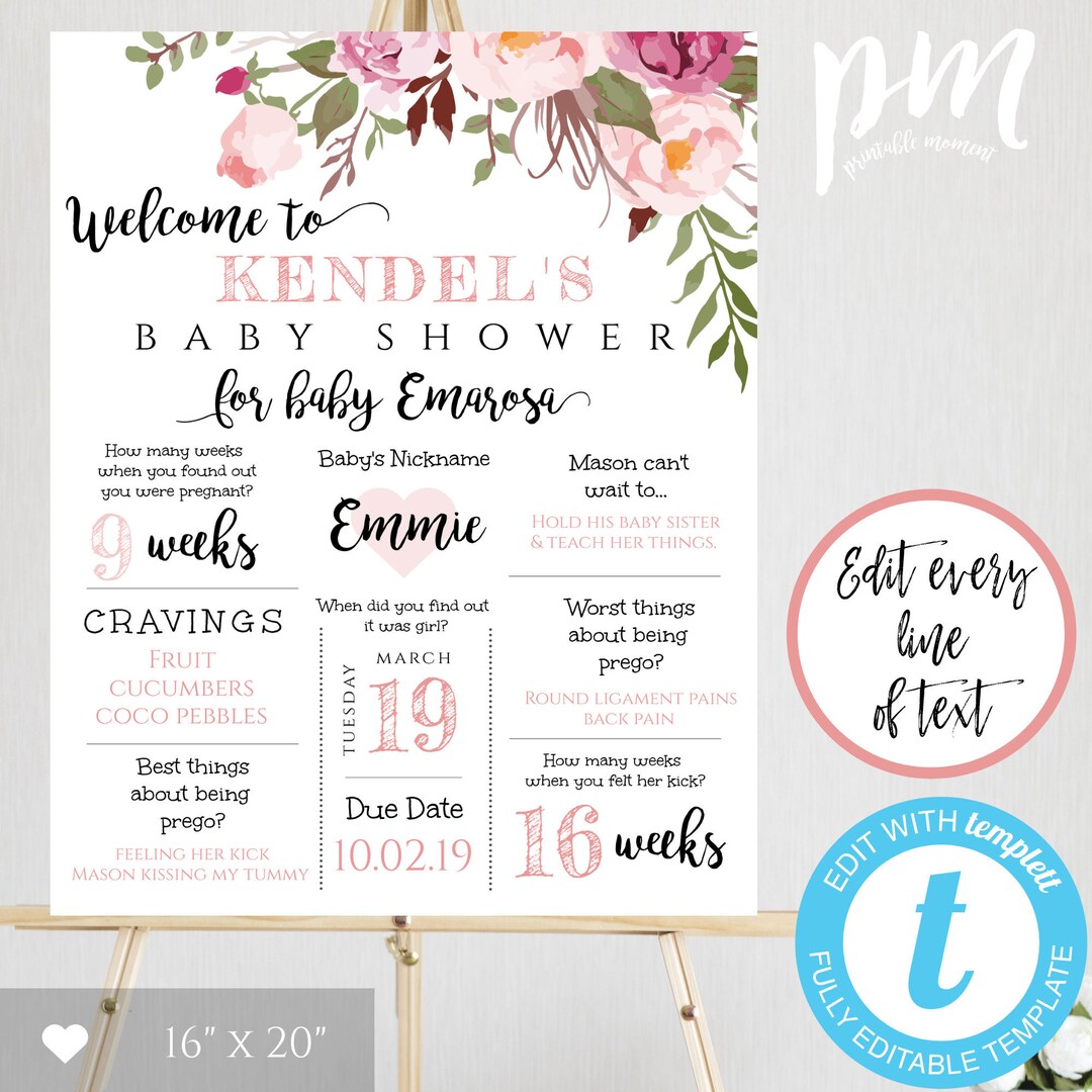 Boho Pink Floral Pregnancy Stat Board Template, Pregnancy Keepsake ...