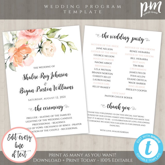 Peach Floral Wedding Program Template Printable Program With | Etsy