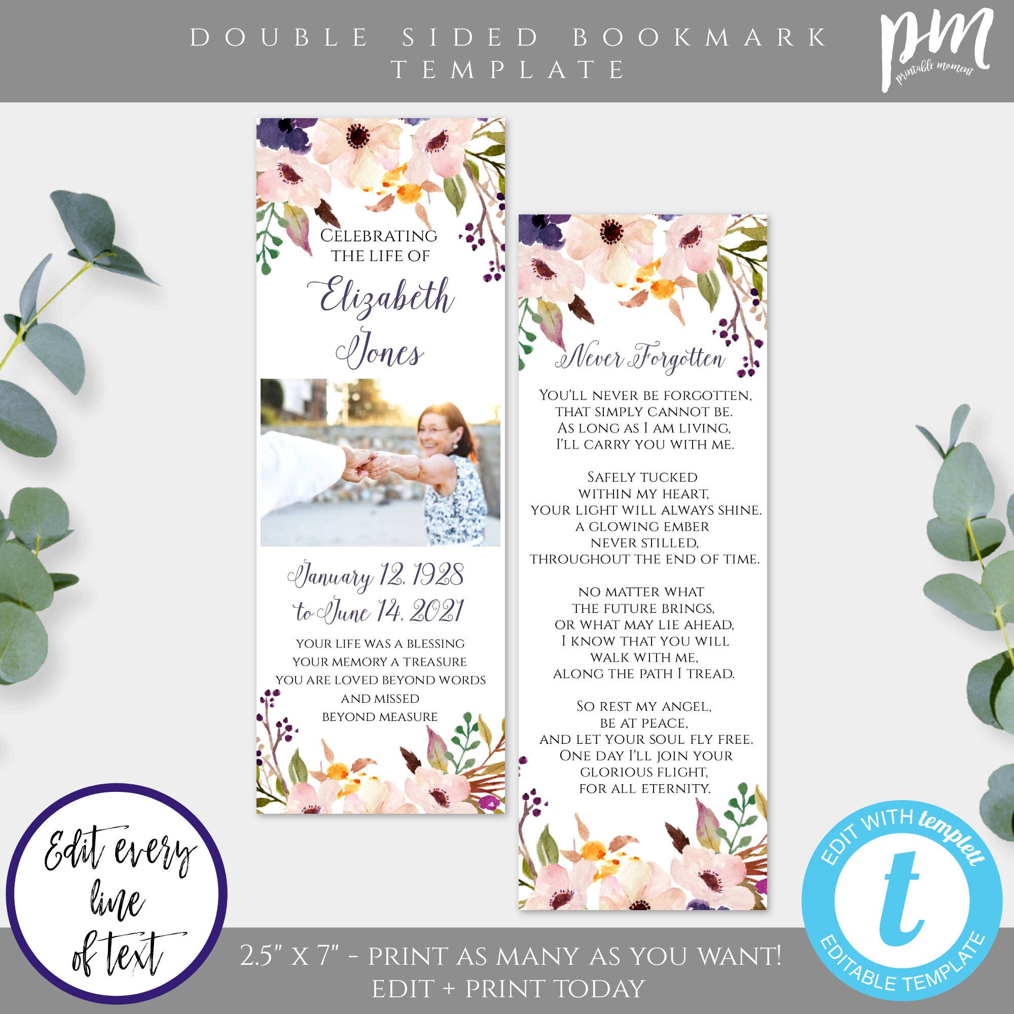 Purple Floral Custom Keepsake Bookmark for Funeral | Etsy