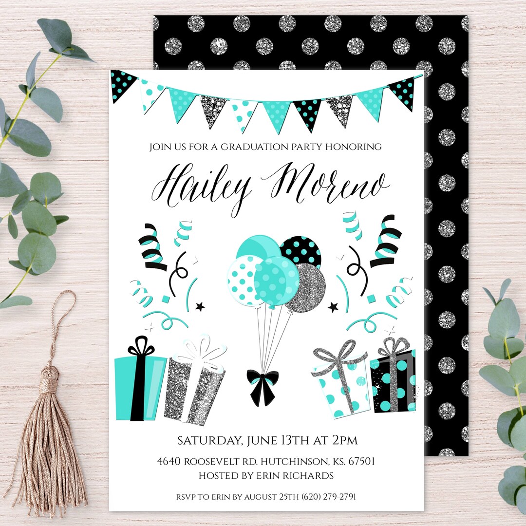 Graduation Invitation Template, Teal Graduation Invite, Silver Glitter ...
