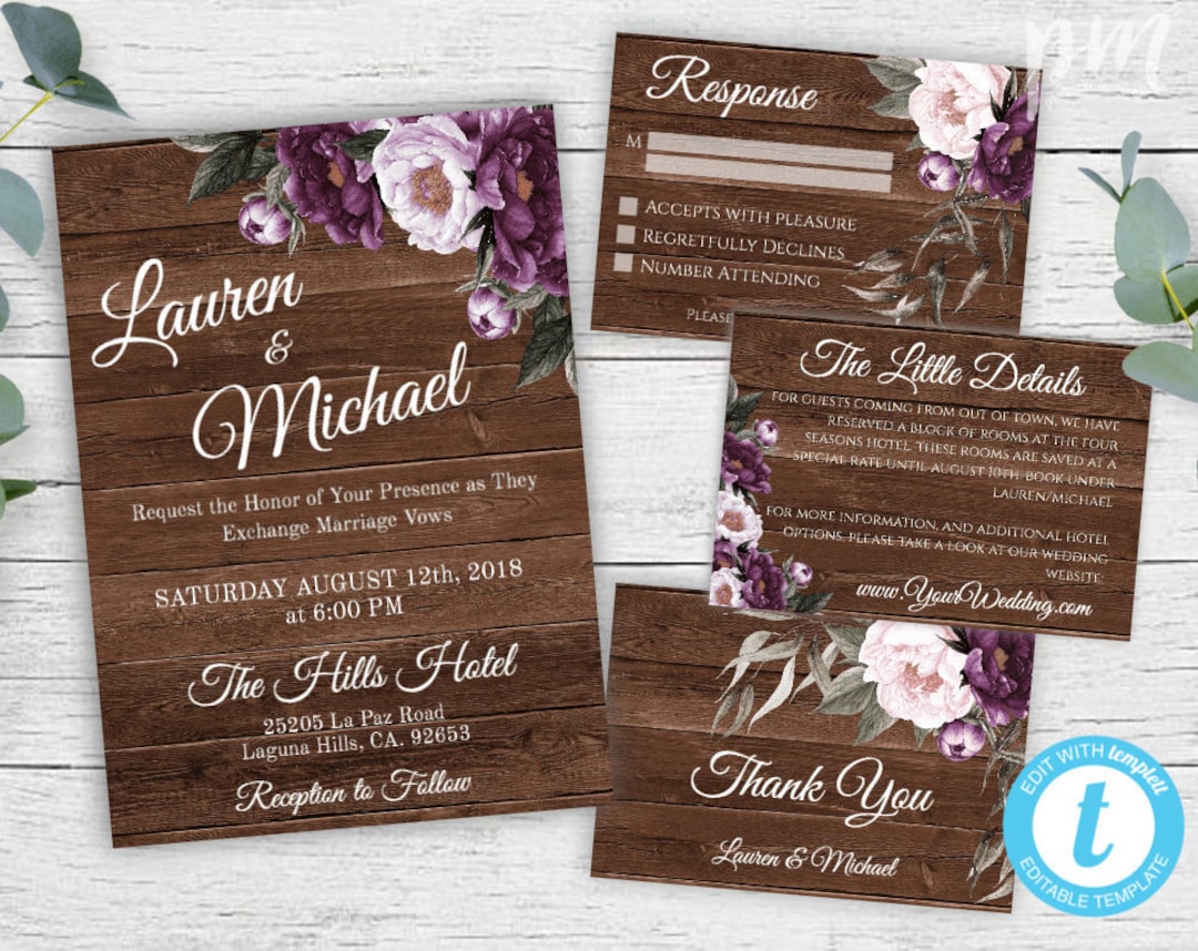 Rustic Wedding Invitation Template Suite, Editable Purple Floral ...