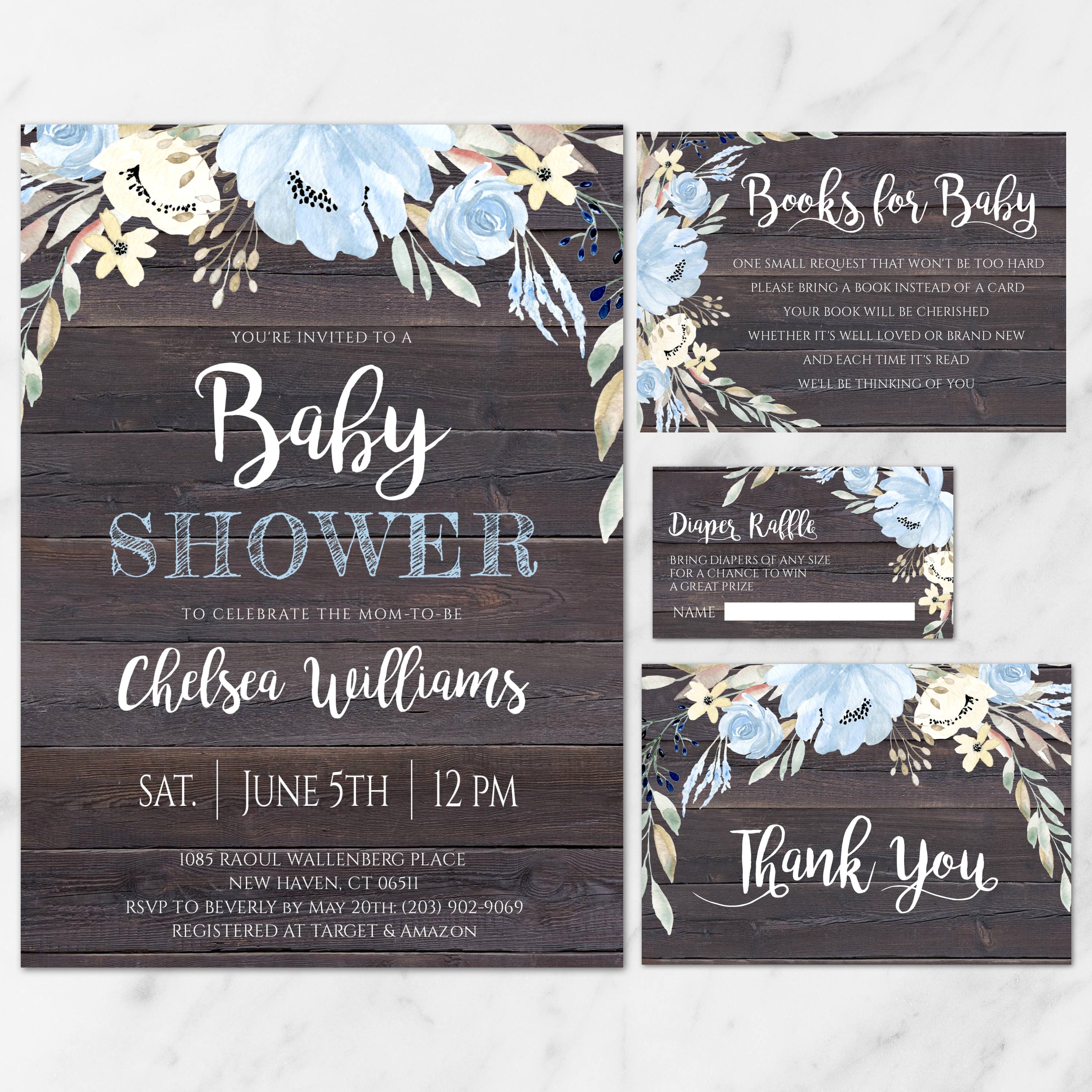 Rustic Floral Blue Baby Shower Invitation Template Set - Etsy