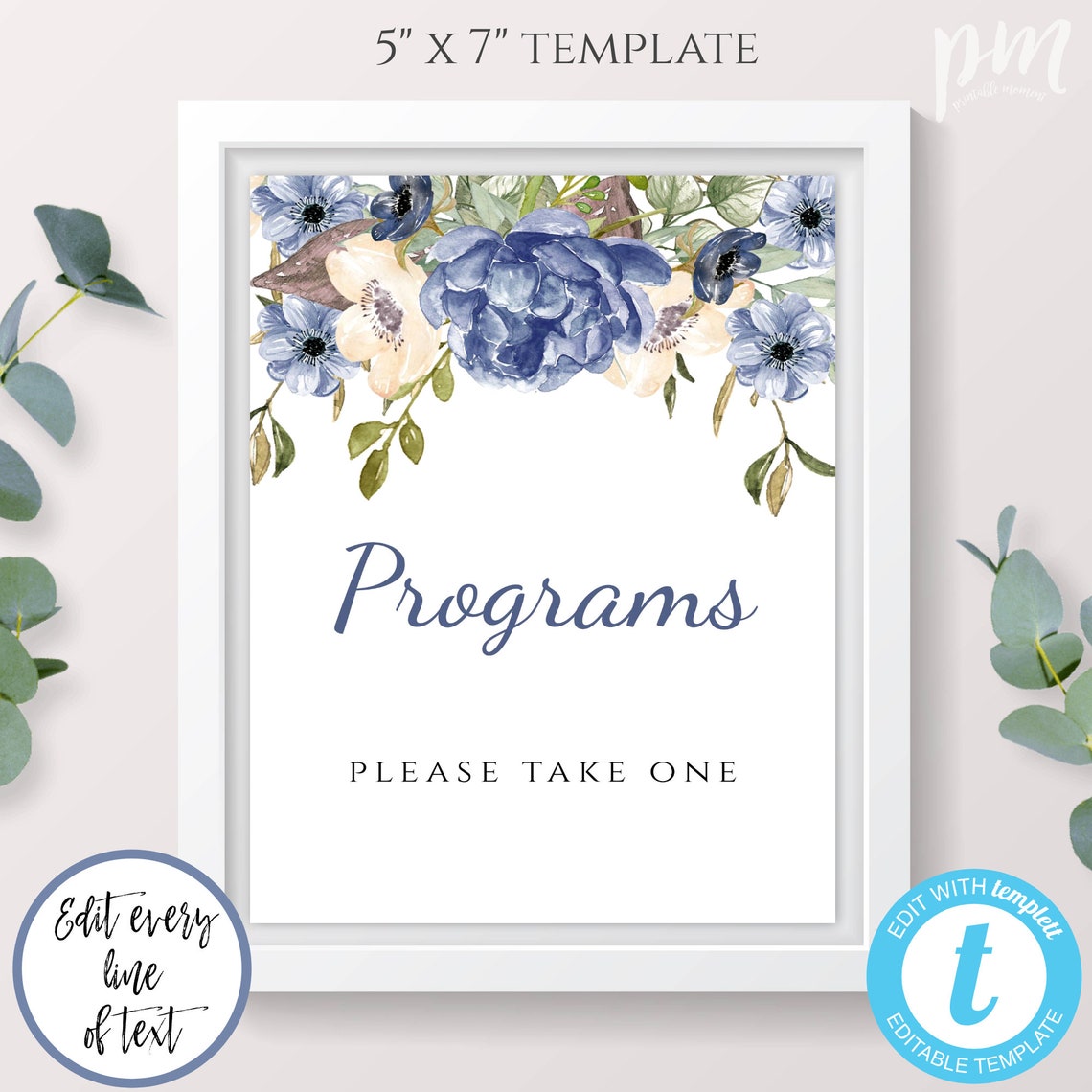 Blue Floral Program Sign Template Printable Program Sign - Etsy