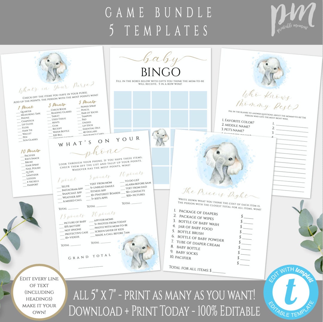 Blue Elephant Baby Shower Game Bundle Template Set, Elephant Shower ...