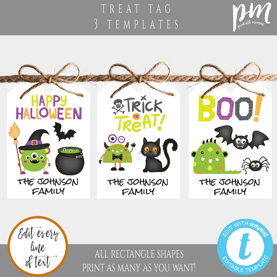 Monster Halloween Gift Tag Template Set, Printable Trunk or Treat Tag ...