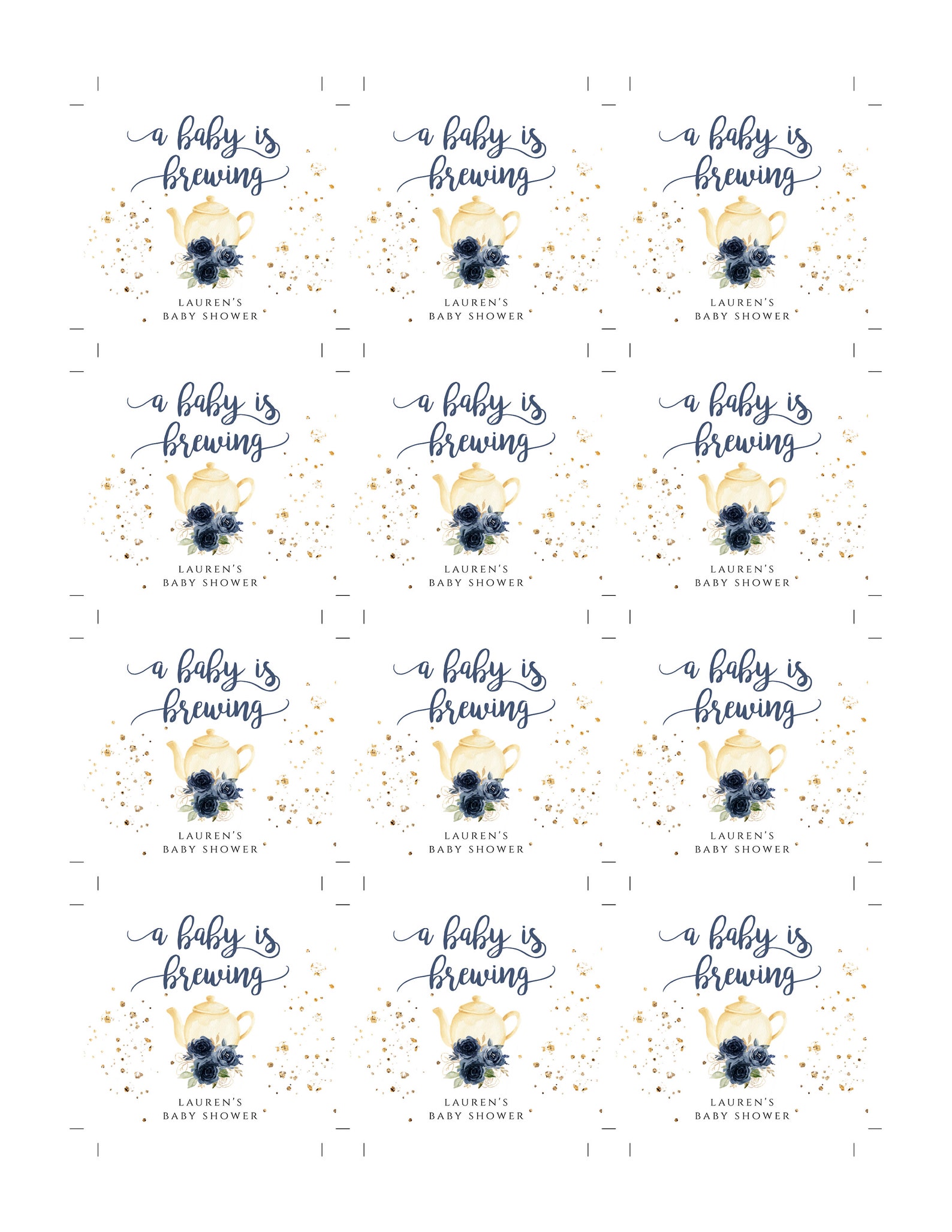 Blue Floral Favor Tag Template Twin Boy Tag Personalized Tea - Etsy