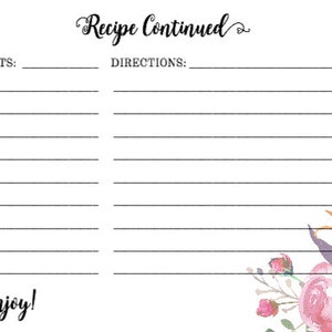 Pink Floral Recipe Card Template, Bridal Shower Recipe Card, Printable ...