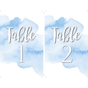 Light Blue Watercolor Table Number Template, Wedding Number Card ...