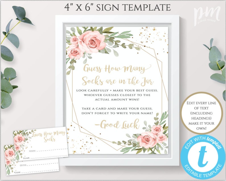 Guess How Many Socks Sign + Cards Templates, Blush Floral, 4" X 6" Gold ...