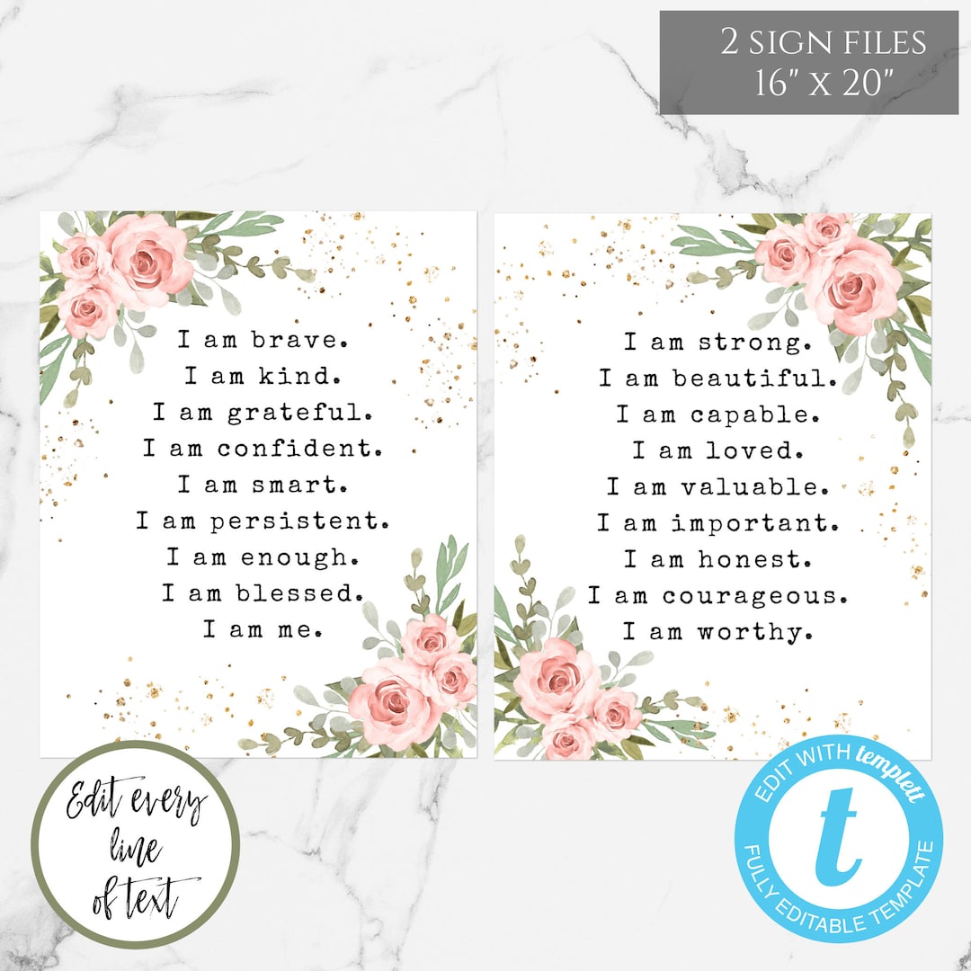 Positive Affirmation Sign Templates for Teen Girl, Mindfulness for Kids ...