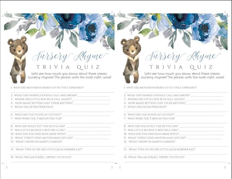 Bear Baby Shower Nursery Rhyme Game Template, Baby Shower Game, Boy ...