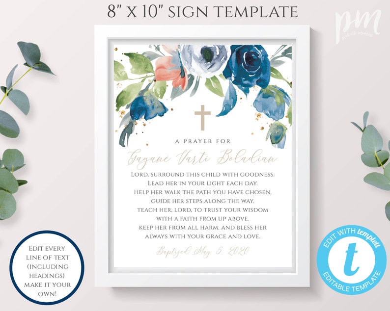 Personalized Prayer Sign for Girl, Editable Navy + Coral Floral Sign ...