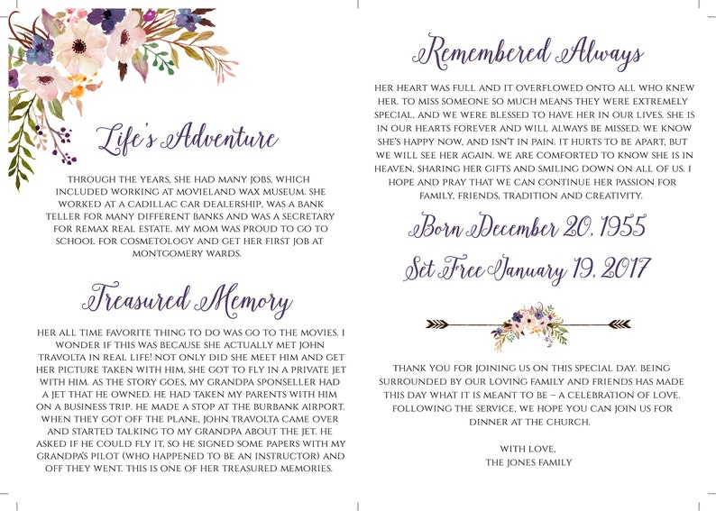 Purple Floral Folding Funeral Obituary Template Printable | Etsy