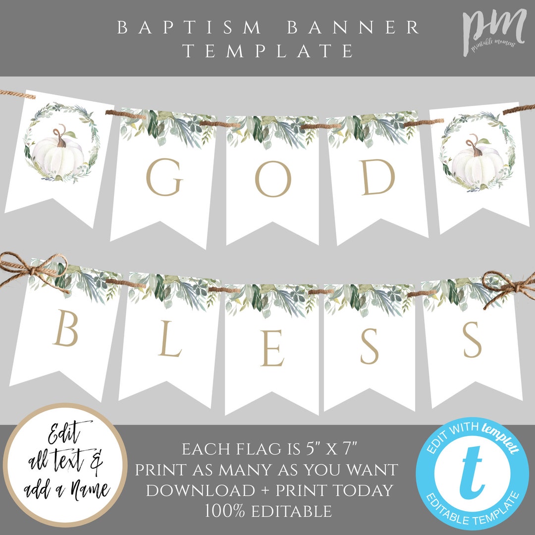 Fall Baptism God Bless Banner Template, White Pumpkin Printable Baptism ...