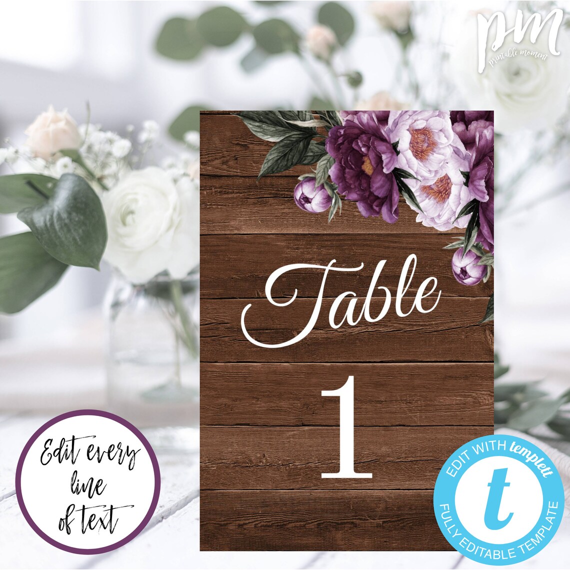 Rustic Table Number Template Purple Floral Table Number - Etsy