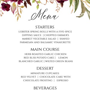 Burgundy Wedding Menu Template, Printable Menu for Dinner Party ...