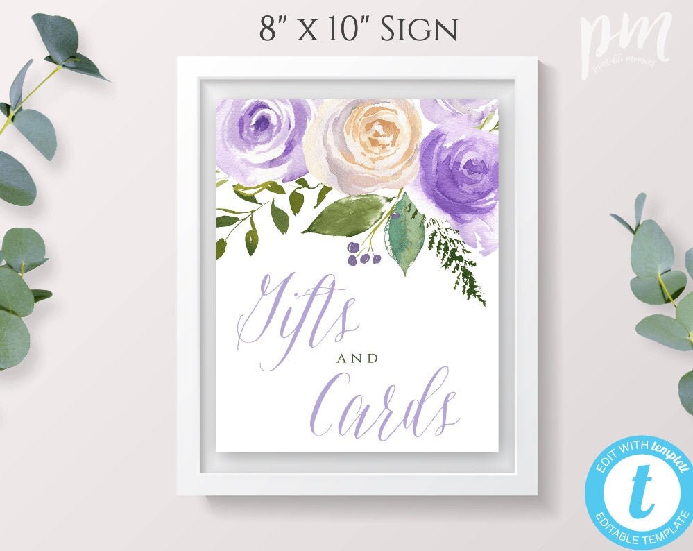 Lilac Cards & Gifts Sign Template for Bridal Shower, Purple Gifts ...
