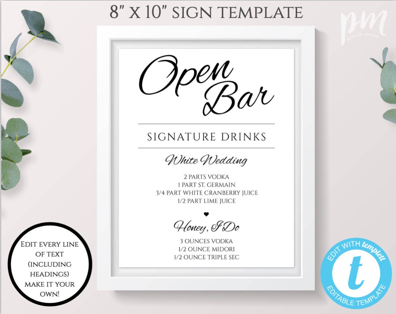 Open Bar Wedding Sign TEMPLATE Signature Drinks Sign - Etsy