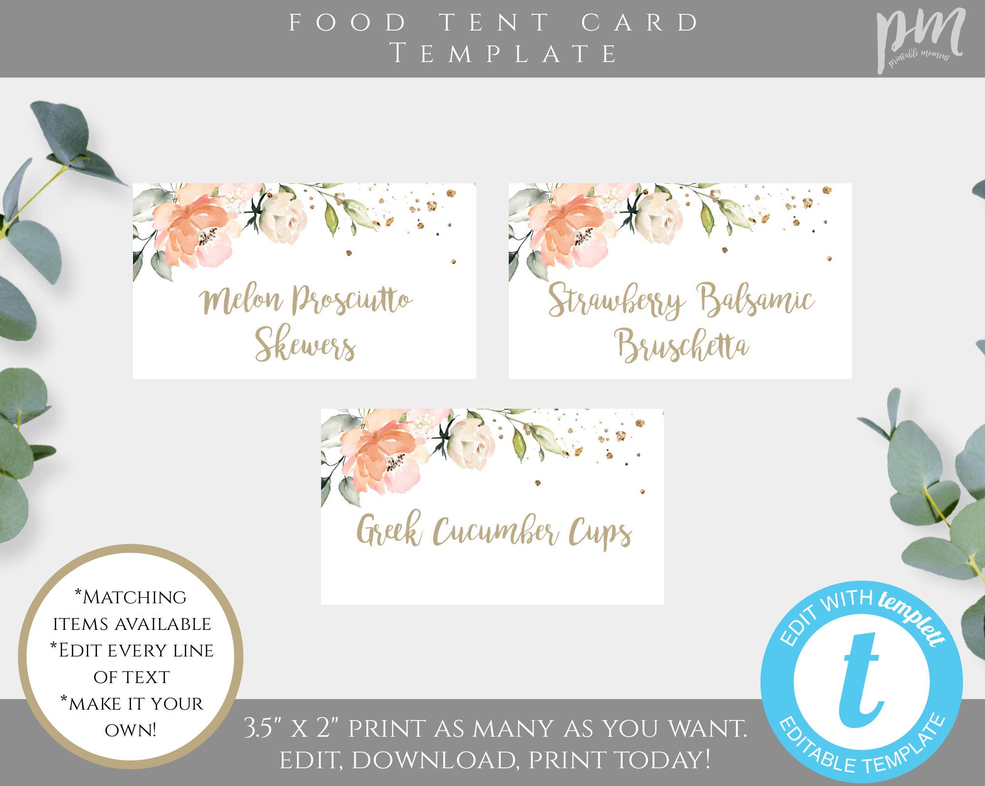 Food Tent Card Template Peach Floral Bridal Shower Folded | Etsy