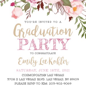 Pink Floral Graduation Invitation Template, Graduation Party Invitation ...