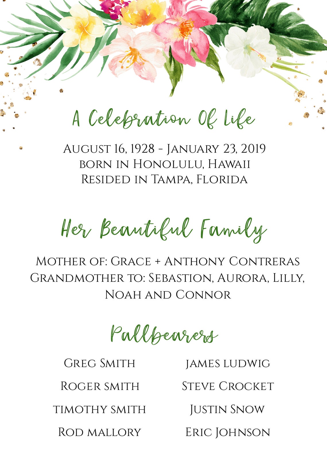 Hawaiian Funeral Program Template Funeral Printable Tropical | Etsy