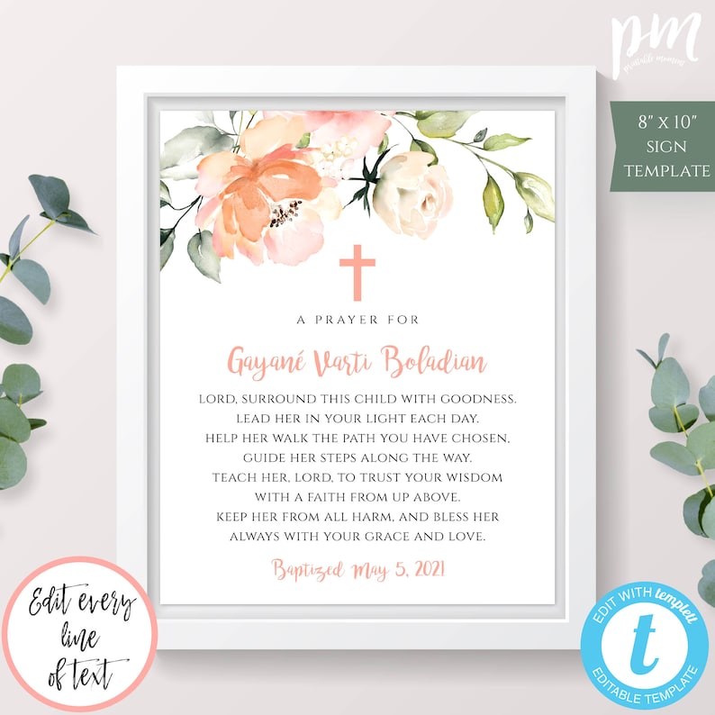 Personalized Prayer Sign for Girl Editable Peach Floral Sign | Etsy