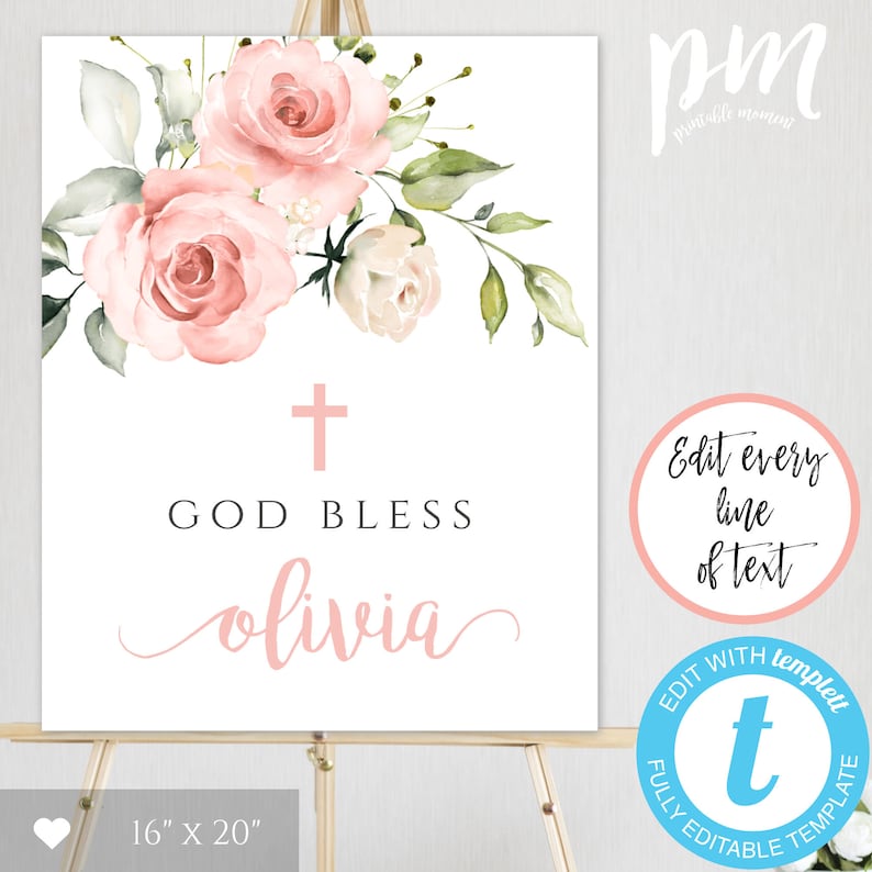 God Bless Sign Template, Welcome Sign Girl, Printable Pink Floral ...