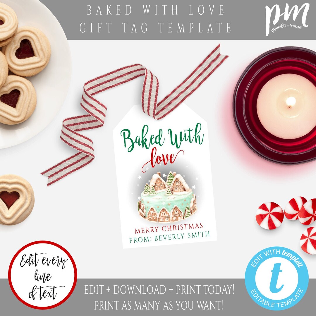 Baked With Love Christmas Gift Tag Template With Cake, Holiday Party ...