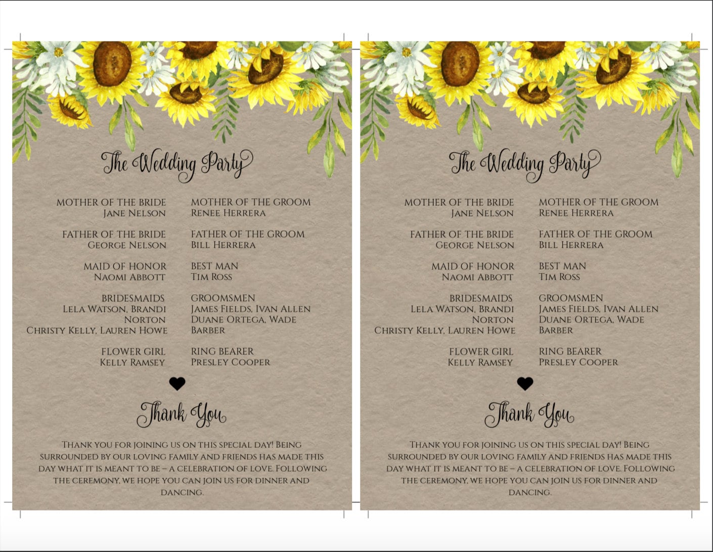 Sunflower Program Template for Wedding Rustic Wedding | Etsy