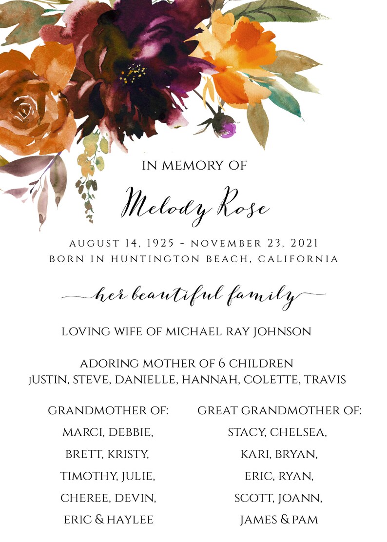 Fall Floral Funeral Program Autumn Memorial Program Memorial | Etsy