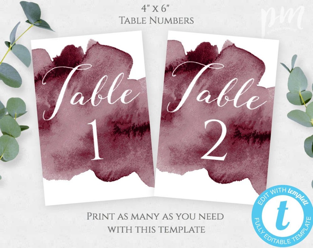 Burgundy Watercolor Table Number Template, Editable Marsala Number Card ...
