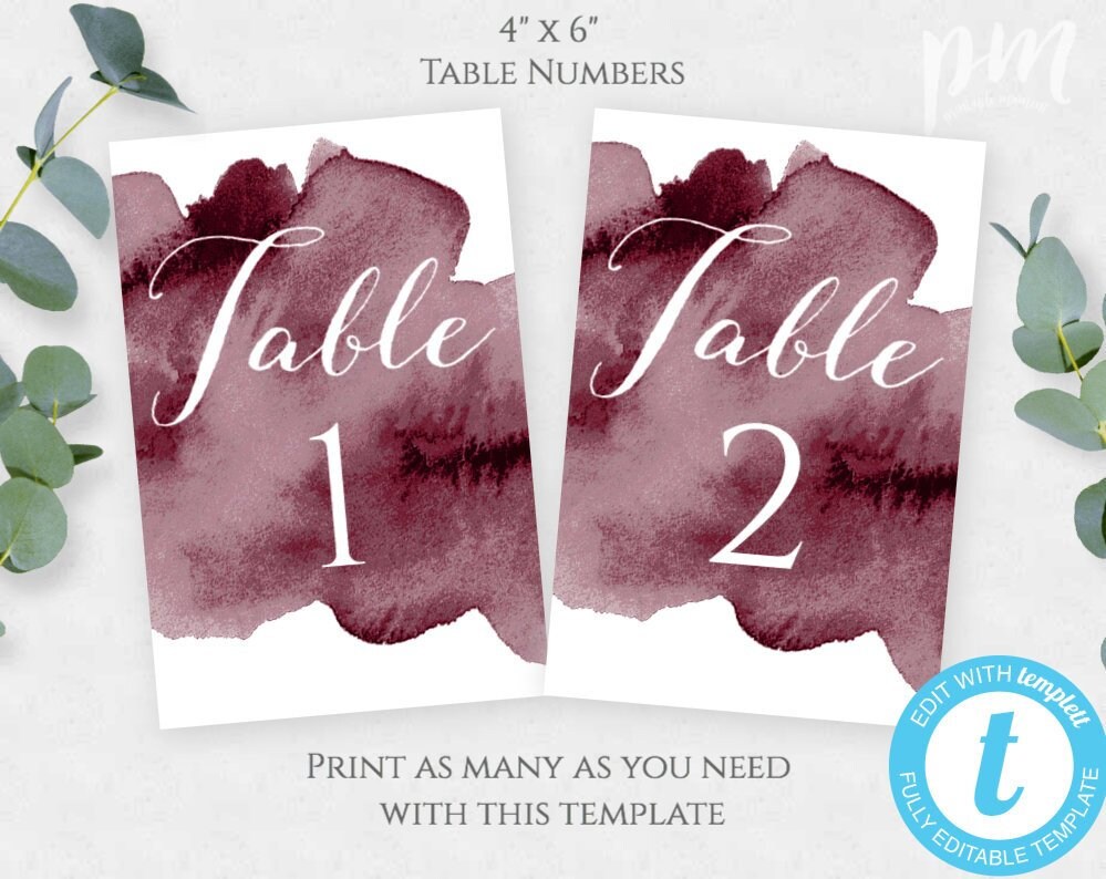 Burgundy Watercolor Table Number Template Editable Marsala | Etsy