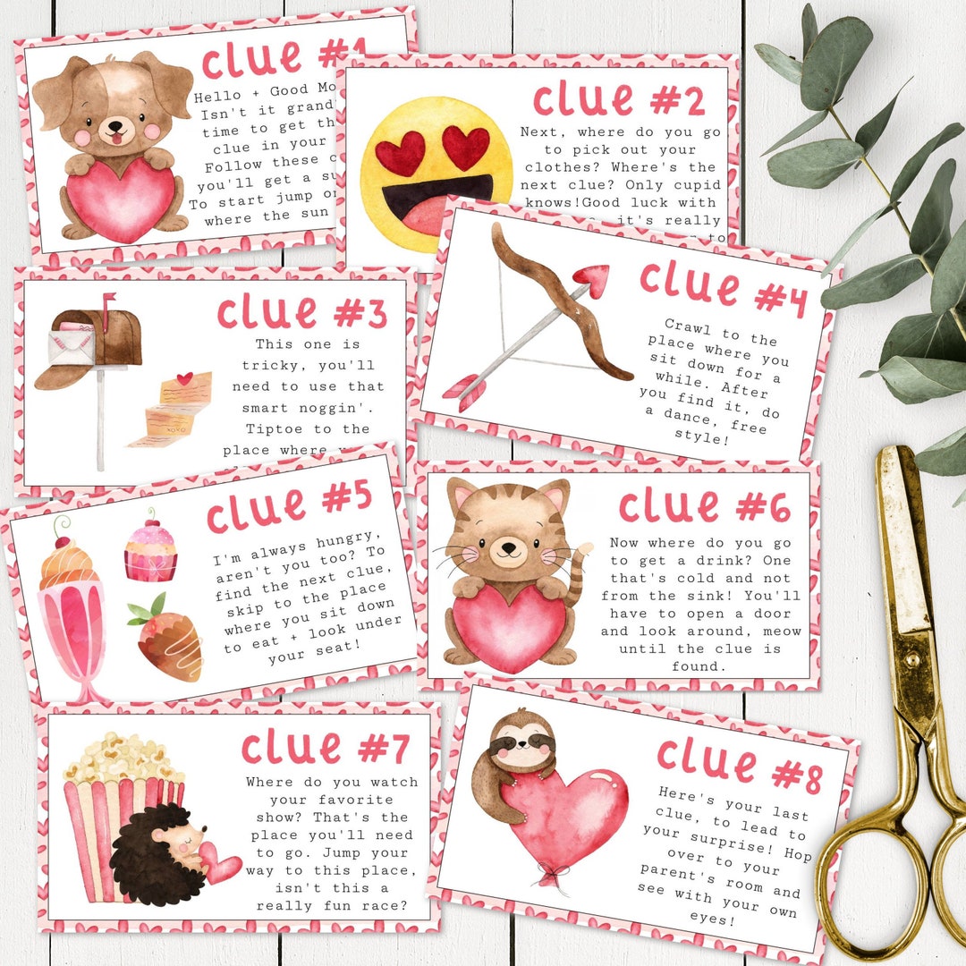 Valentine's Day Scavenger Hunt Game Template, Kids Treasure Hunt Clues ...