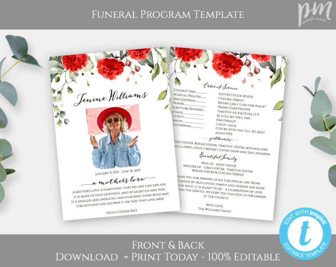 Red Floral Funeral Program Front & Back, Memorial Program, Memorial ...