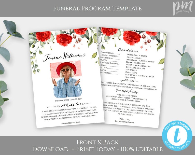 Red Floral Funeral Program Front & Back Memorial Program | Etsy