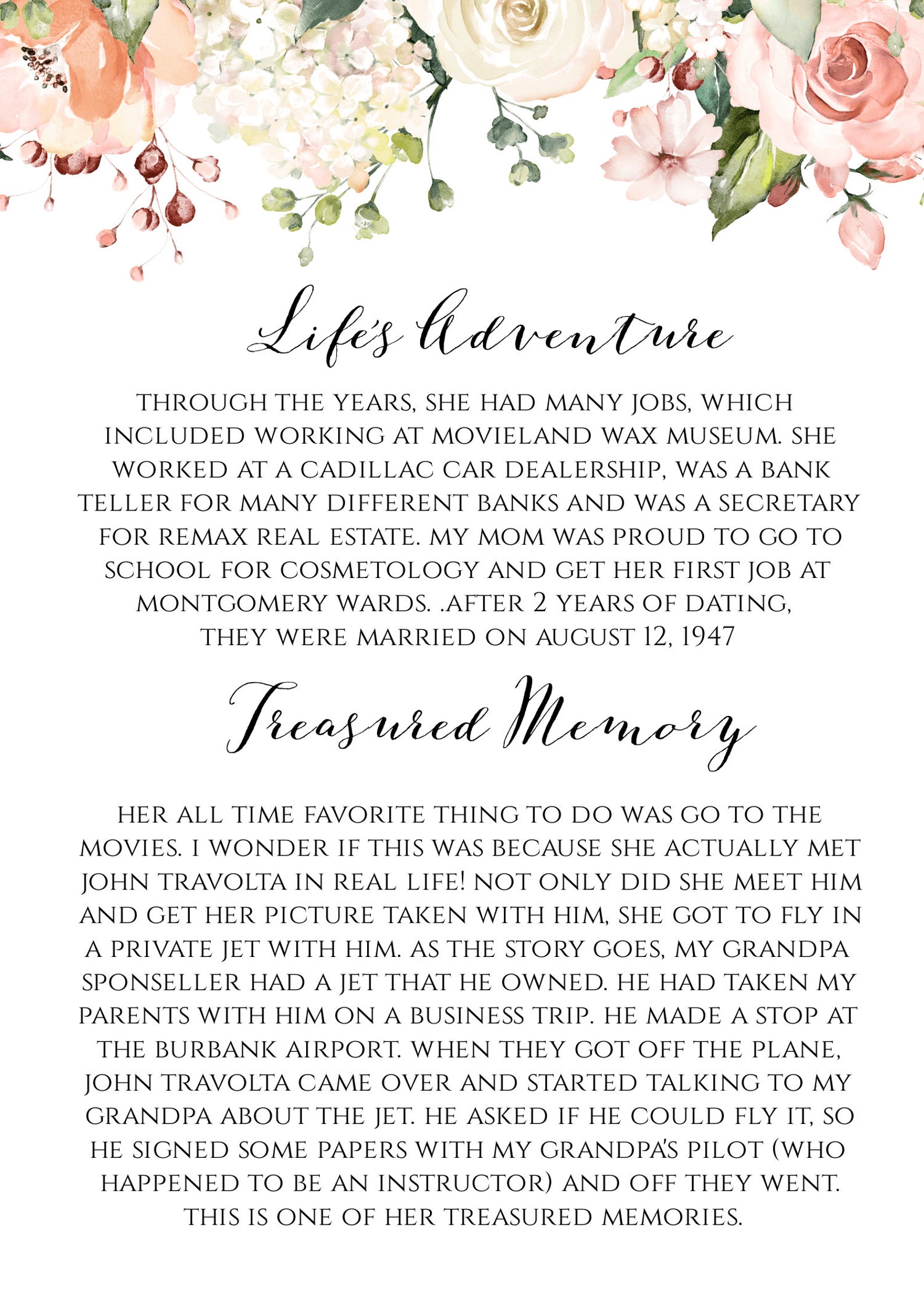 Pink Peach Floral Obituary Template DIY Download Loving | Etsy