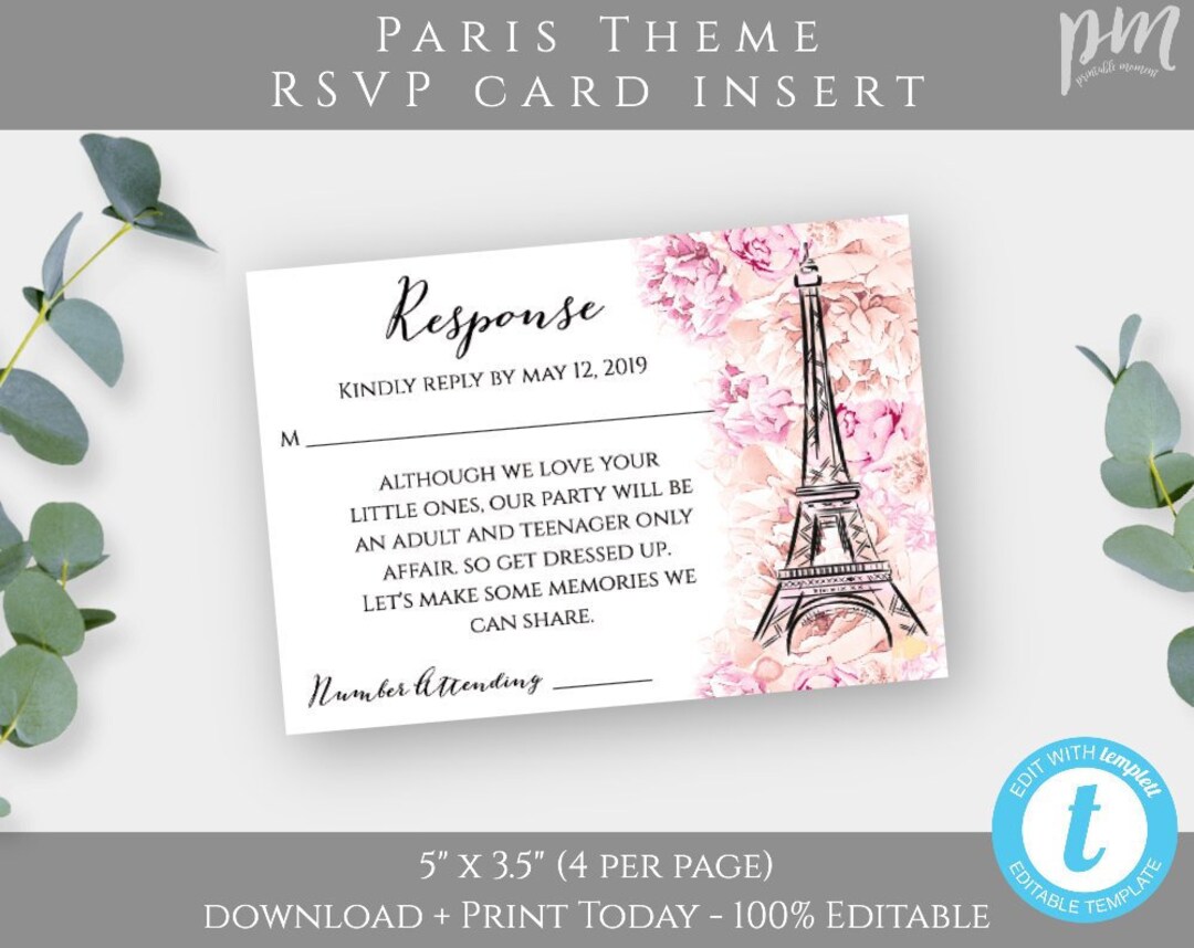 Paris RSVP Card Template, Bridal Shower Response Card, Printable Rsvp ...