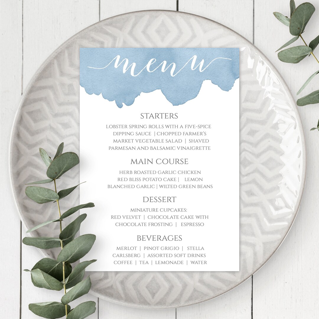 Dusty Blue Menu Template for Wedding, DIY Editable Blue Watercolor Menu ...