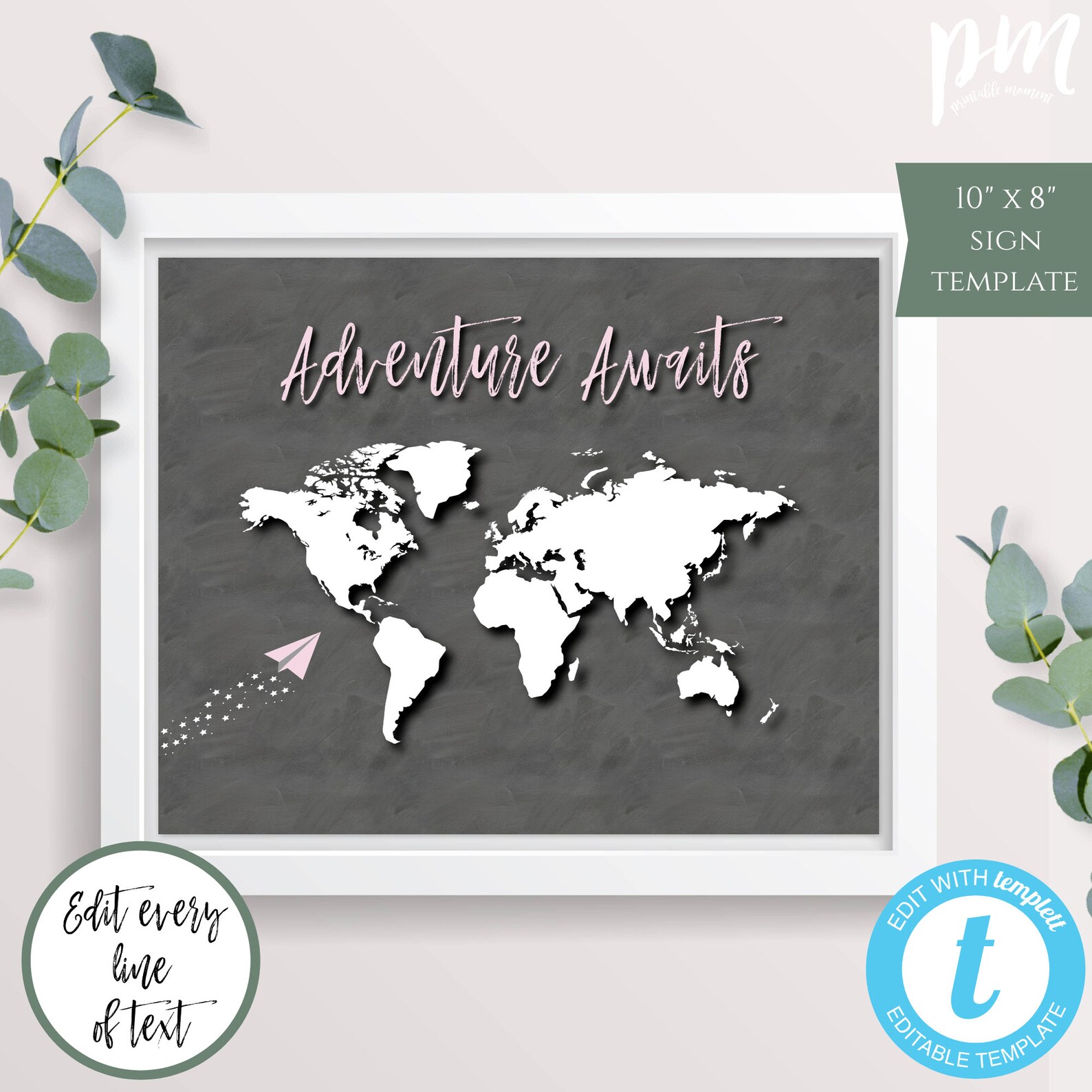 Adventure Awaits World Map Template, Printable Pink Wall Art for Her ...