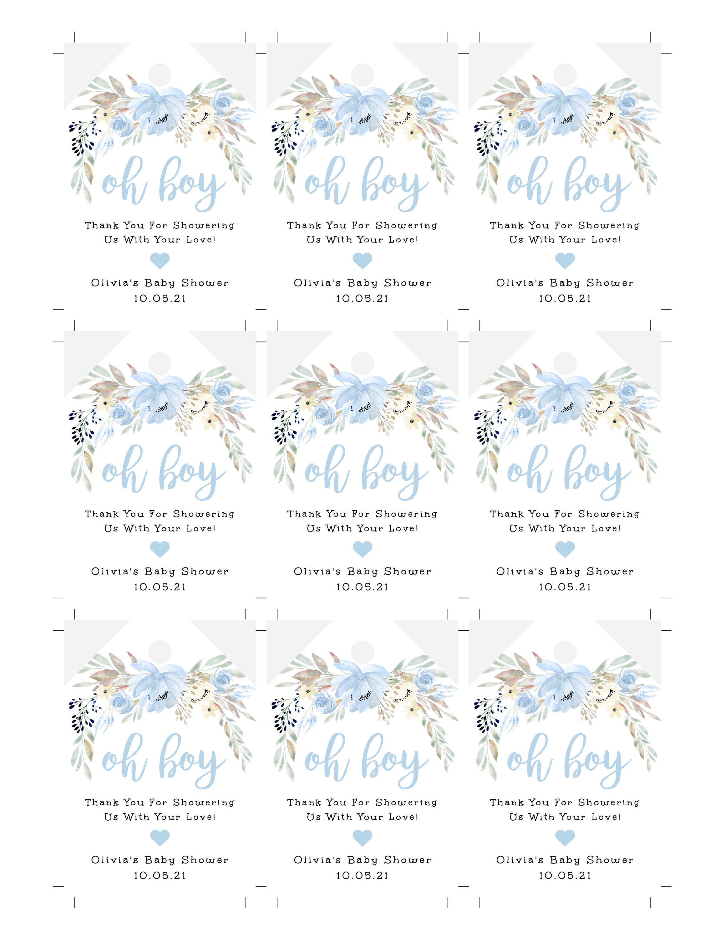 Blue Floral Baby Shower Gift Tag Template Set for Boy | Etsy