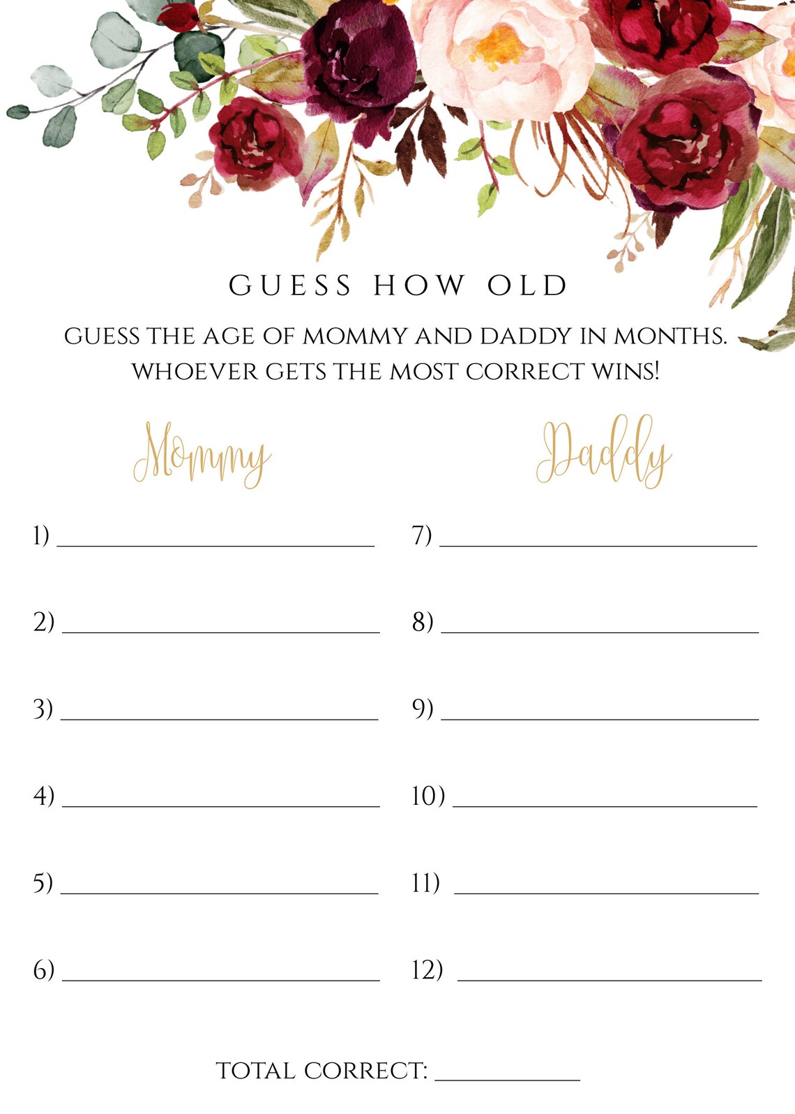 Guess the Age Game Burgundy Blush Baby Shower Game How Old - Etsy