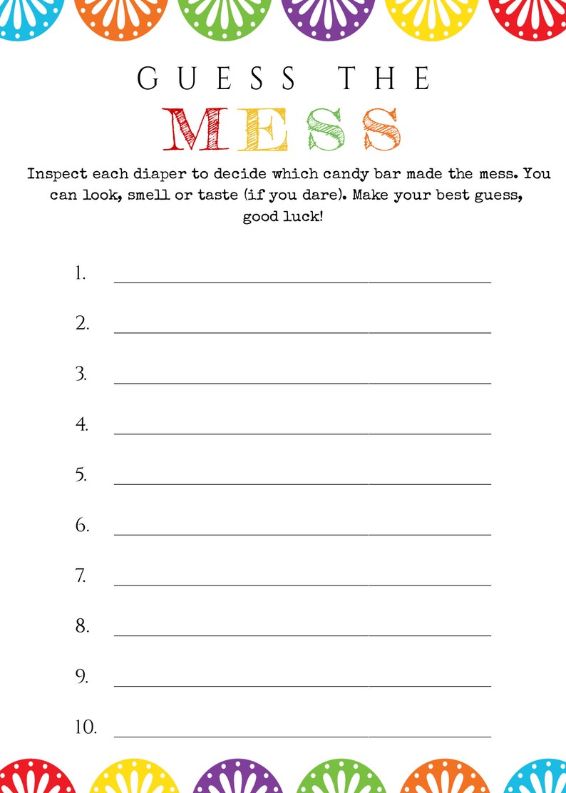 Guess the Mess Baby Shower Game Template Fiesta Game Set - Etsy