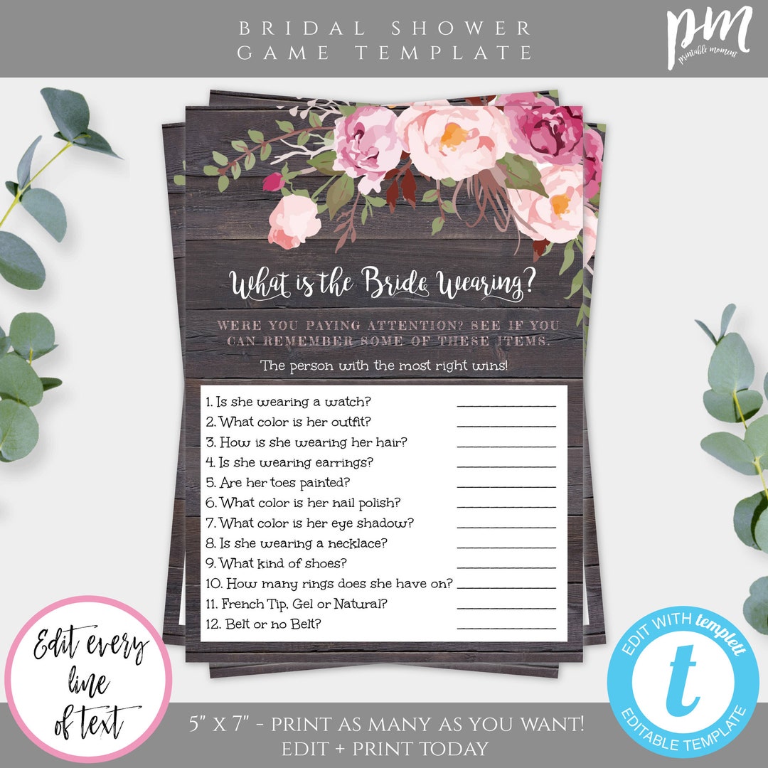 Rustic Floral What is the Bride Wearing Game Template, Bridal Shower ...