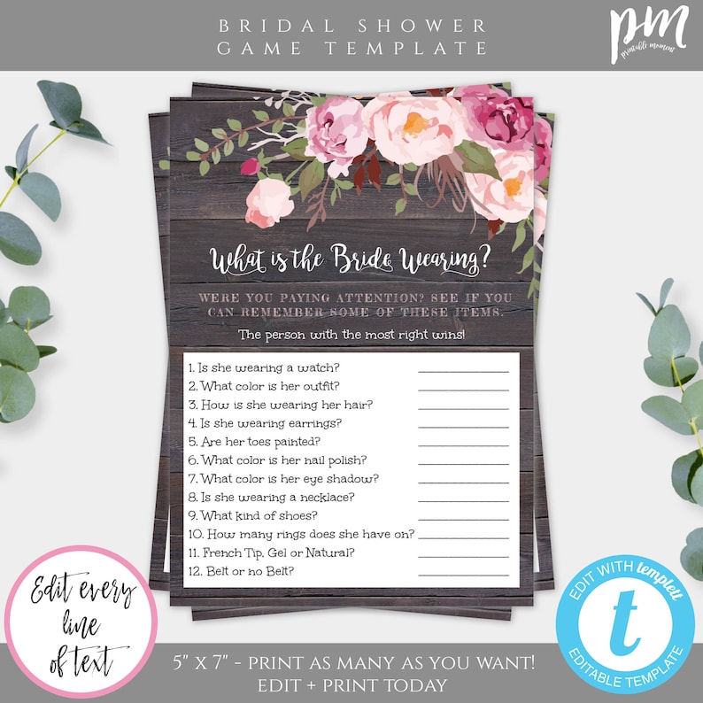 Rustic Floral What is the Bride Wearing Game Template, Bridal Shower ...